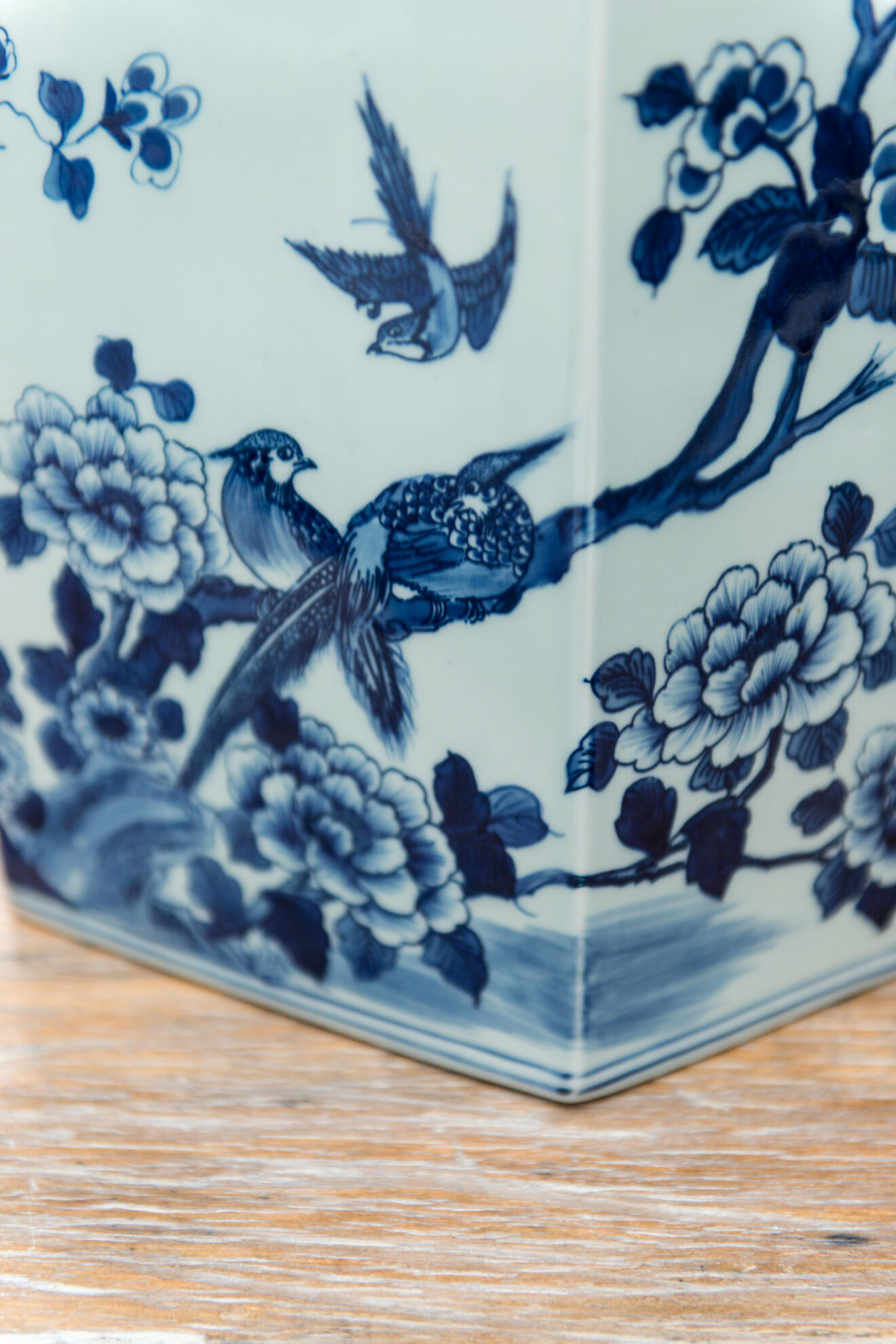 Bird and Flower Cartouche Hexagonal Lidded Jar - The Westbourne Collection