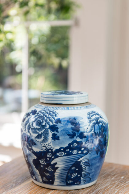 Bird and Flower Cartouche Hexagonal Lidded Jar - The Westbourne Collection